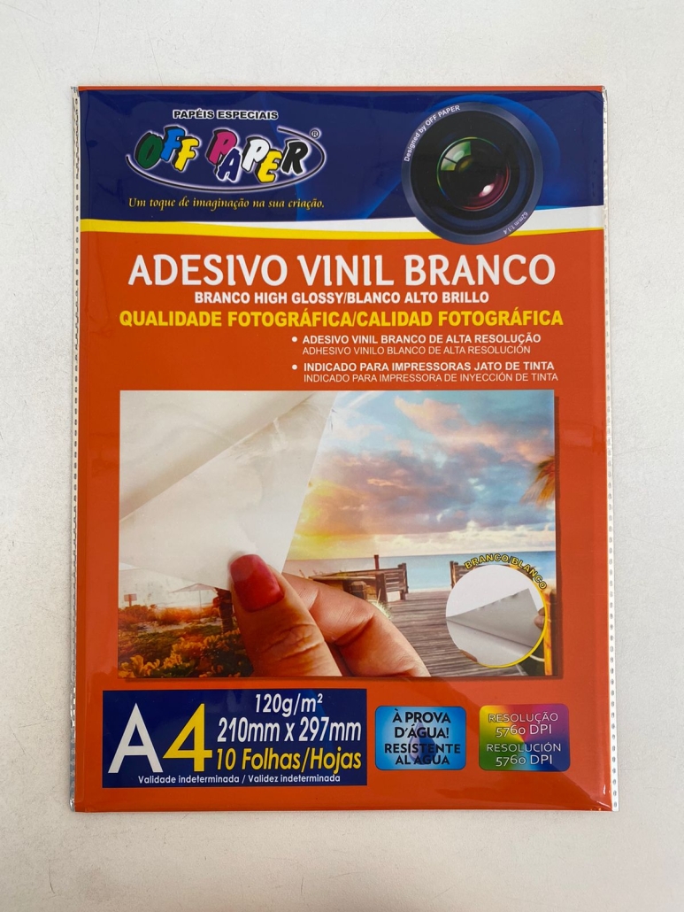 Adesivo Vinil Branco A4 120g 10fls (à prova d’ água) OffPaper – Planeta dos Papéis